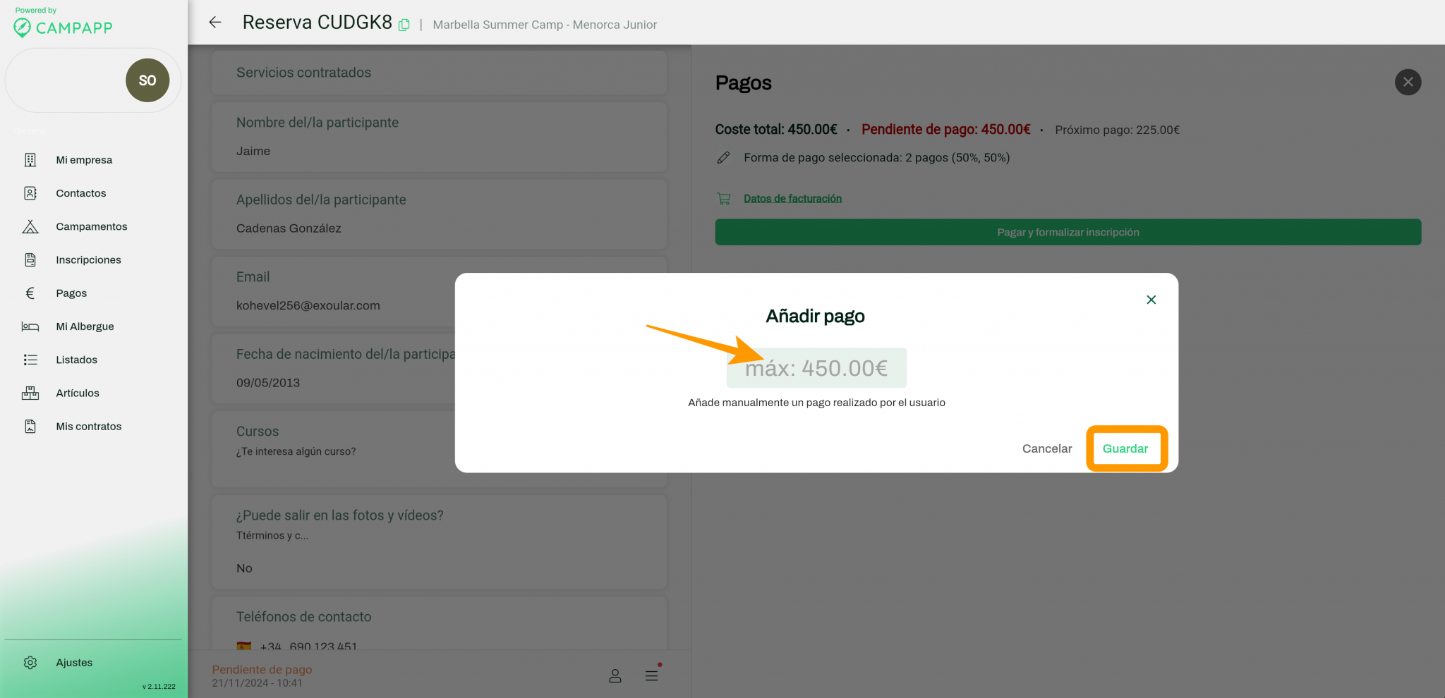 Tutoriales: cómo completar una reserva con un pago en efectivo - CampApp